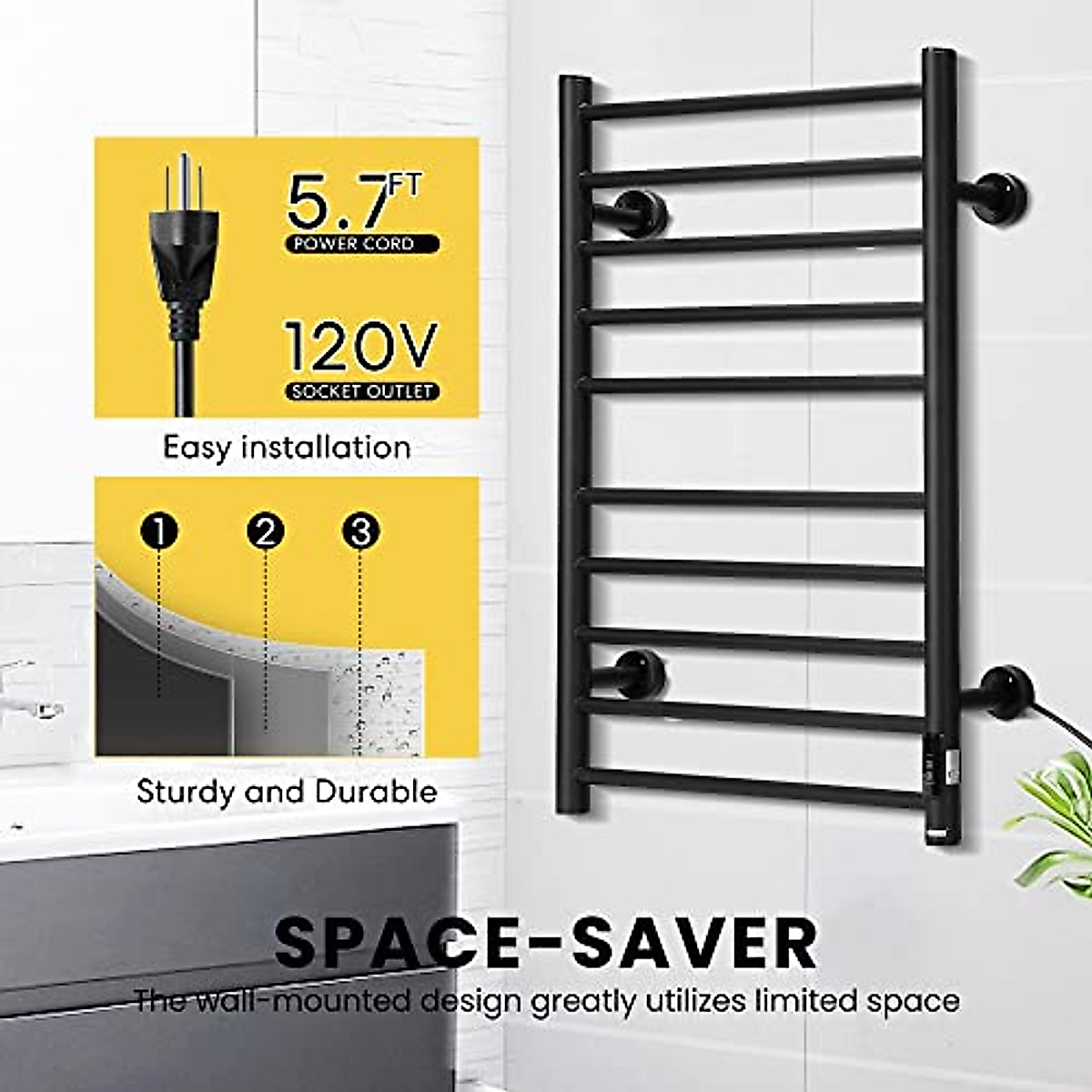 VIVOHOME Electric Heated Towel Rack for Bathroom, Wall Mounted Towel Warmer, 10 Stainless Steel Bars Drying Rack, Black