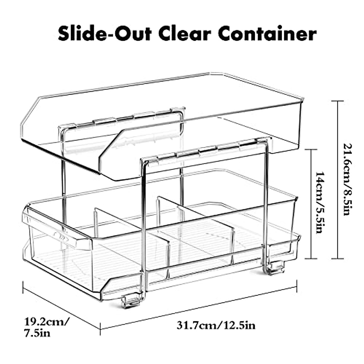Simetufy 2 Tier Clear Organizer with Dividers, Multi-Purpose Slide-Out Bathroom Vanity Countertop Closet Organization, Under Sink Organizers and Storage, Kitchen Pantry Medicine Cabinet Bins, 2 Pack