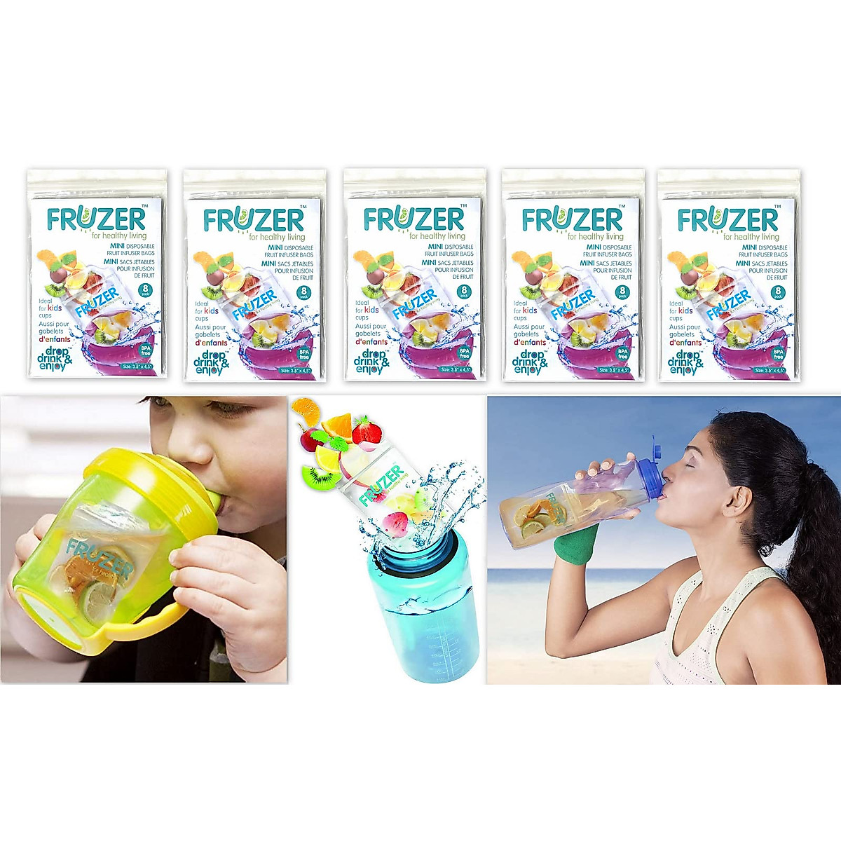 FRUZER Mini Disposable Fruit Infuser Bags (5 PK, each 8 Bags) Total 40 Bags - Refreshing & Beneficial - CLEAR & BPA-FREE