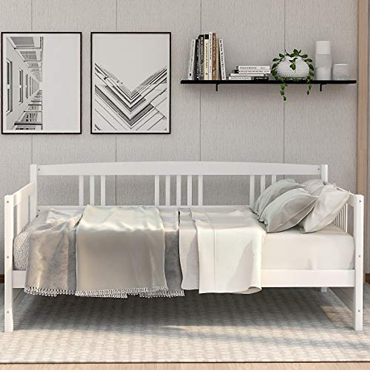Wooden Daybed Frame Twin Size, Multifunctional Full Wooden Slats Support Sofa Bed, for Bedroom Living Room for Kids Adults, White