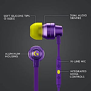 Logitech G333 Gaming Earphones with Dual Audio Drivers, in-line mic and Volume Control, Compatible with PC/PS/Xbox/Nintendo/Mobile with 3.5mm Aux or USB-C Port - Purple