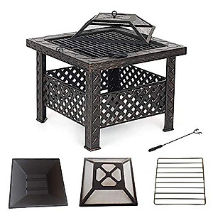 LEAYAN Garden Fire Pit Grill Bowl Grill Barbecue Rack Outdoor Fire Pit with BBQ Grill Shelf Metal Garden Fireplace Patio Firepit Stove Brazier Outdoor Fireplace BBQ Grill Poker,Outdoor Fire Pits
