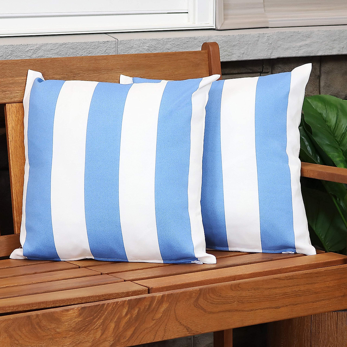 Sunnydaze 17-Inch Square Beach-Bound Stripe Indoor and Outdoor Decorative Throw Pillows Set of 2 with Zipper Closures and Inserts and Indoor and Outdoor Inflatable Ottoman Bundle