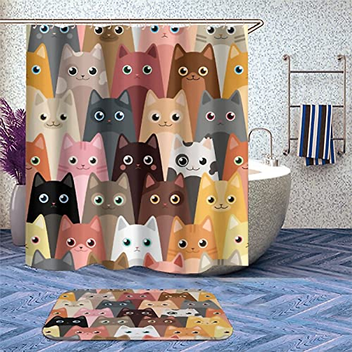 Zmcongz Cat 4 Pcs Shower Curtain Set Colorful Kitten Cartoon Kitty Funny Lovely Animal Bathroom Decor Bath Curtain with Rugs Toilet Lid Cover Bath Mat, 72x72 Inch