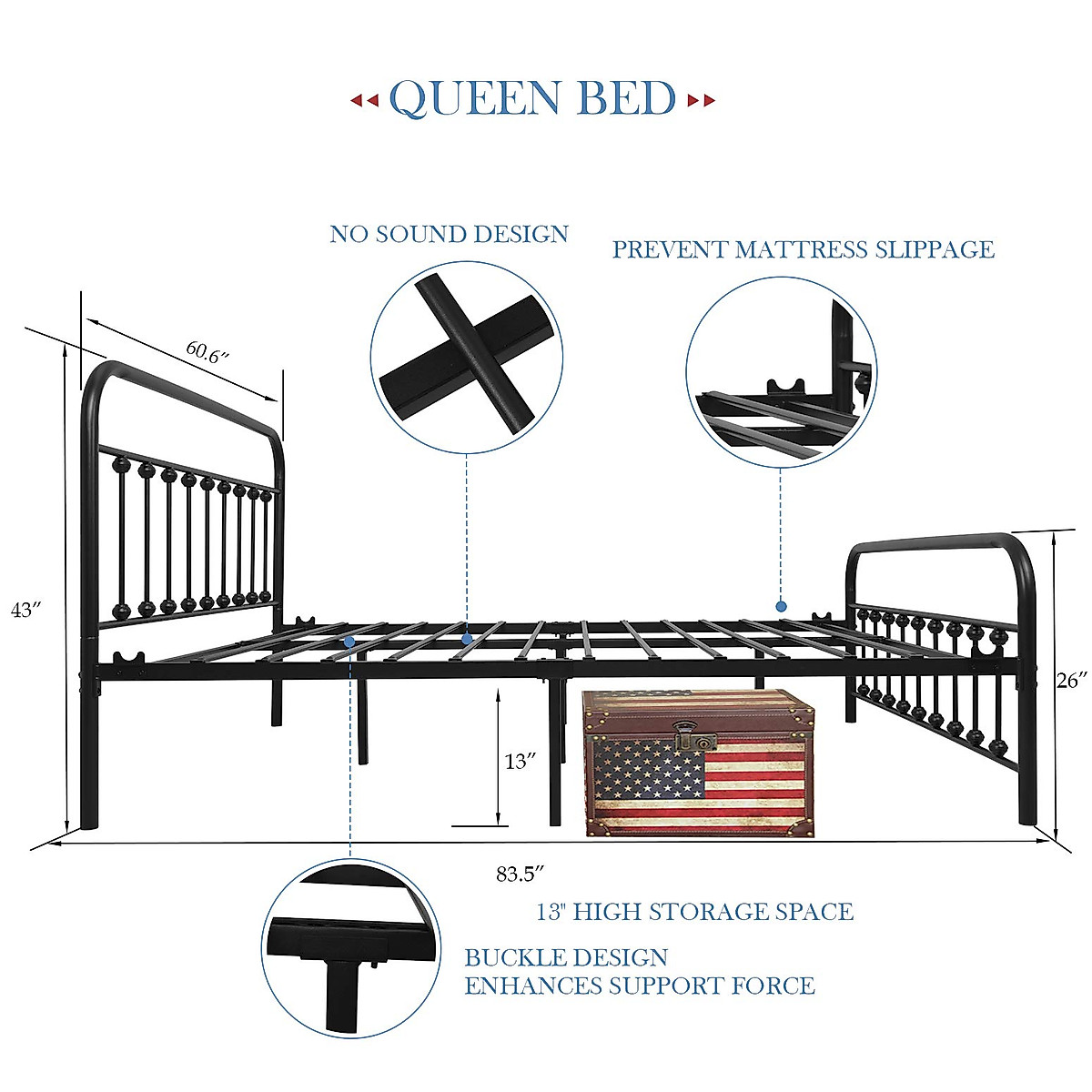 YALAXON Vintage Sturdy Queen Size Metal Bed Frame with Headboard and Footboard Basic Bed Frame No Box Spring Needed, Black