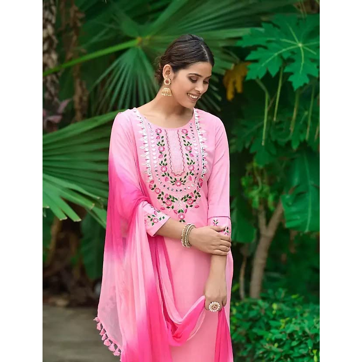 FamLady Embroidered Kurti Set with Pant and Dupatta Indian Art Silk Kurtis for Women (as1, alpha, m, regular, regular, Pink)