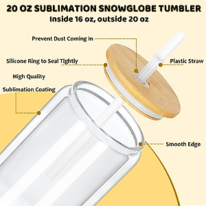 Maucircol 20 Oz Snow Globe Tumbler, 4 Pack Pre-Drilled Sublimation Glass Cup For Glitter Snow Globe Diy, Double Wall Sublimation Glass Tumbler