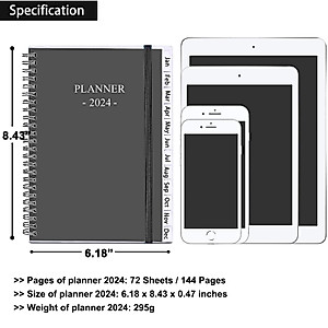 Veiai 2024 Planner,January - December, Wirebound,Weekly and Monthly with Monthly Tabs Planner, Frosted Cover,6.5"x8.5", Twin-Wire Binding Calendar Notebook (Black)