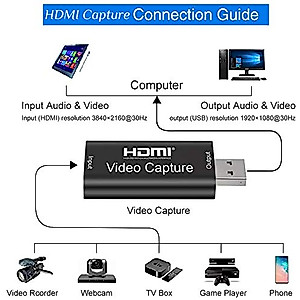 4K HDMI Video Capture Card, HDMI to USB2.0 Capture Card Full HD 1080P 30fps - Video Recording Via DSLR & Camcorder to Live Streaming Video Conference, Compatiable with Nintendo Switch, PS4, Xbox etc