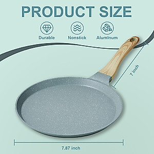 Nonstick Crepe Pan, 8 inch Green Dosa Tawa Tortilla Pan with Wood Handle for Stove Tops, Flat Frying Pan Skillet Stone Coating Cookware for Gas, Induction, Electric, Ceramic Stove, PFOA Free (8 inch)