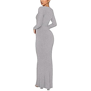REORIA Women's Fall Sexy Casual Crew Neck Lounge Long Dress Formal Wedding Guest Long Sleeve Ribbed Bodycon Maxi Dresses Light Grey Large