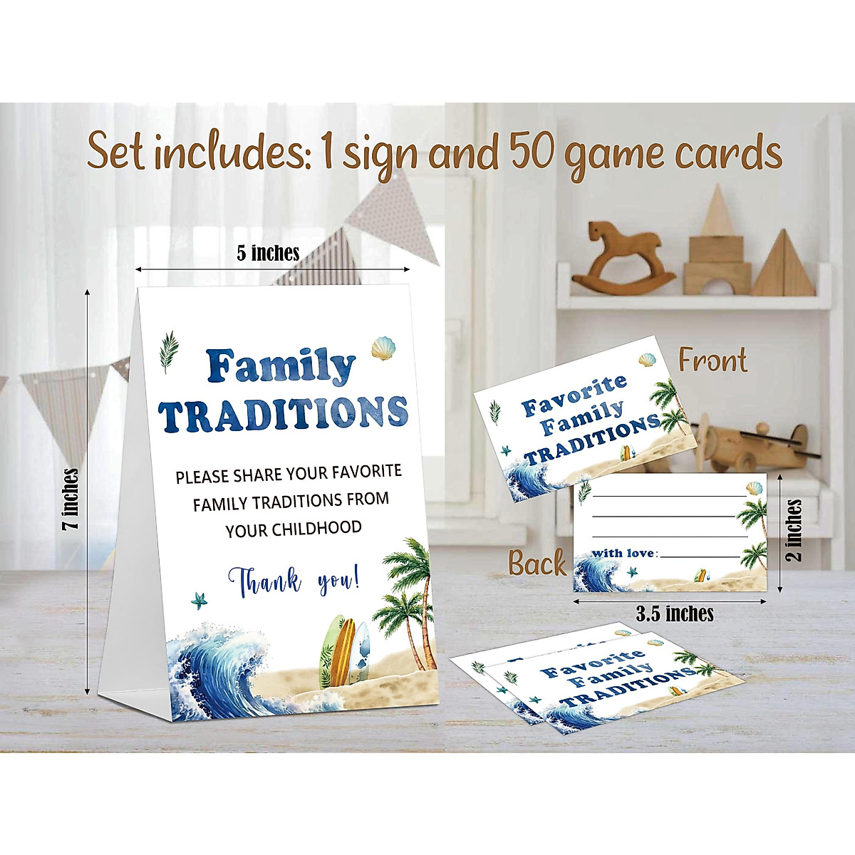 Baby Shower Games Family Traditions Sign, 1 Standing Sign and 50 Cards, Summer Surf Beach Gender Neutral Decoration, Gender Reveal Party, Bridal Shower Favor Supplies-LT22