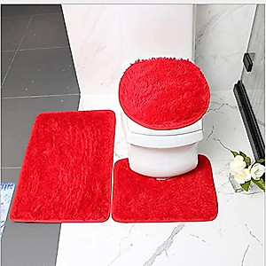 Bathroom Rugs Sets 3 Piece with Toilet Cover, Bath Mats for Bathroom Non Slip, U-Shaped Contour Toilet Mat,Ultra Soft Absorbent Bath Mat Set, Machine Washable Bath Rugs for Bathroom Floor (Red)