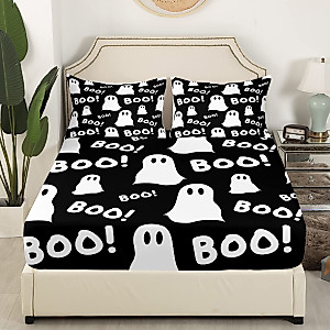 Castle Fairy Funny Ghost Fitted Sheet Queen Size Happy Halloween Theme Bedding Set Black White Sheet Set,Cartoon Ghost Bed Cover Ultra Soft Breathable Bedspread 3 Pcs for Kids Teens Boys