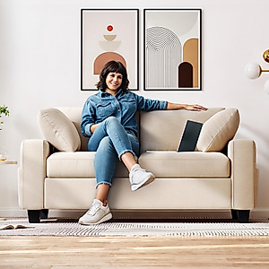 DWVO 60" Sofa, Comfy Upholstered Sofa Couch with Extra Deep Seats, Modern Loveseat for Living Room Apartment Office, Fabric 2 Seater Couch with Side Pockets, Easy Assembly, Beige Chenille