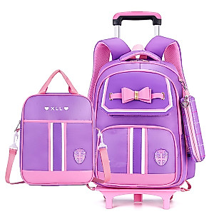 ZHANAO Rolling Trolley Bag Wheeled Backpack Bowknot for Girls Primary Schoolbag 3Pcs with Crossbody Bag Pencil Case