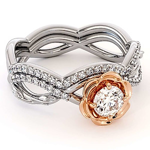 1.8 Ct Round Cut White Diamonds Flower Leaf Twisted Band Two Tone Bridal Wedding Ring Set, 925 Sterling Silver Rhodium Plated (7, Two Tone Finish)