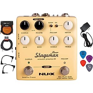 NUX Stageman Floor Acoustic Preamp/DI Pedal Bundle with MXR Instrument Cable, Two Patch Cables, Strukture Microphone Cable, Dunlop Guitar Picks and Power Supply