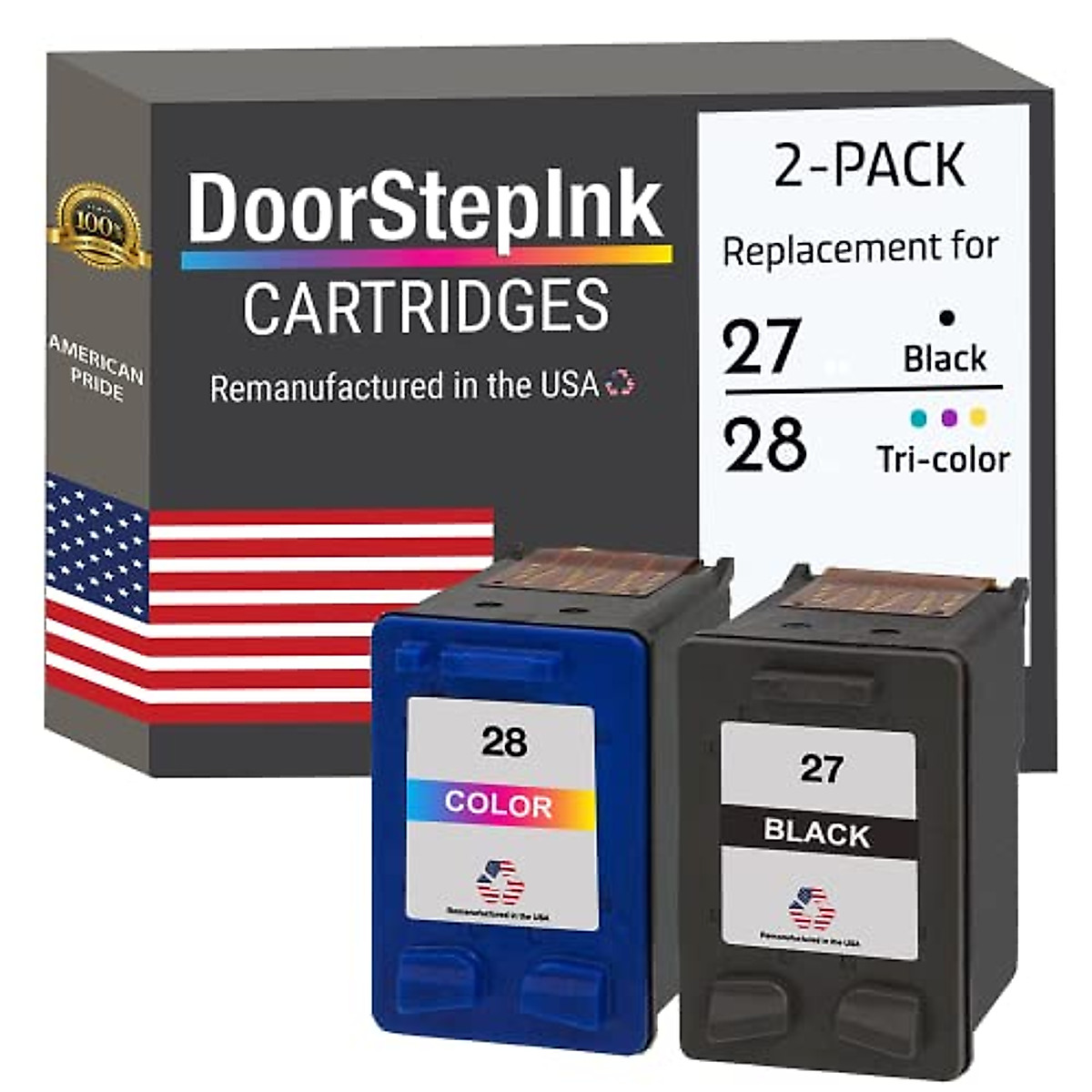 DoorStepInk Remanufactured in The USA Ink Cartridge Replacements for HP 27 & 28 (Combo Pack 1 Black & 1 Color Cartridge) for HP Printers DeskJet 3320, 3322, 3420, 3425, 3450