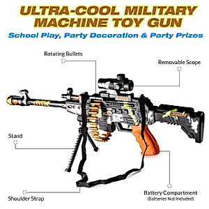 Light Up Toy Machine Blaster - Scope, Stand and Carrying Strap Flashing Lights, Sounds and Unique Revolving Rounds - Toys for Boys Combat Military Mission Toy - Birthday Gifts for Kids - Playo