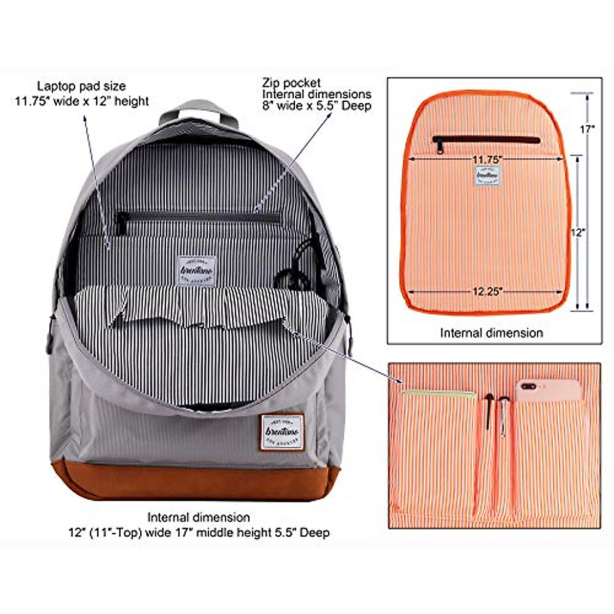 B BRENTANO Unisex Water Resistant Backpack Daypack (Gray)