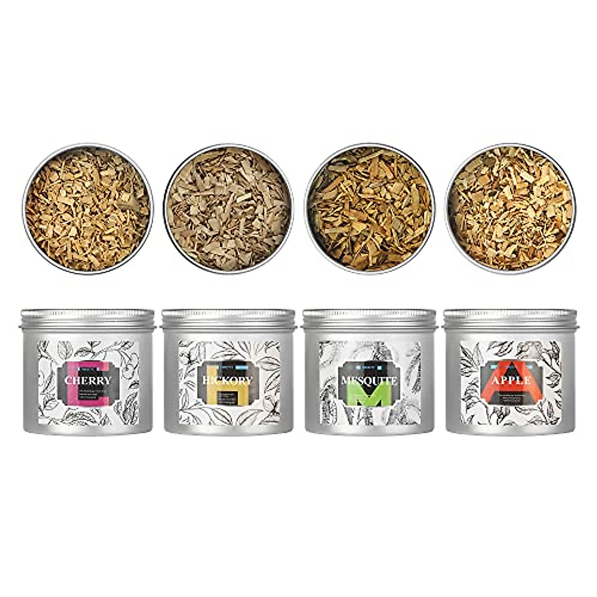 TMKEFFC 4 Pack Natural Wood Chips Set for Smoking Gun Food Drinks Cocktail Smoker, 4 Oz Each, 16 Oz in Total, Apple, Hickory, Mesquite, Cherry Wood