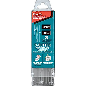 Makita B-61173 3/16" x 4" SDS-Plus Bit, 3-Cutter, 10/Pk
