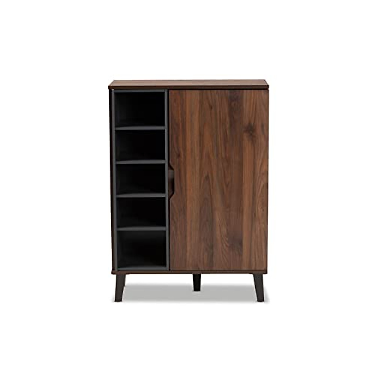 Baxton Studio Idina Mid-Century Modern Two-Tone Walnut Brown and Grey Finished Wood 1-Door Shoe Cabinet