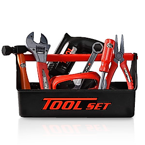 Playkidz Tool Box for Kids 22-Piece Boys & Girls Construction Toy Playset w/Carry Chest, Working Push Button Power Drill, Hammer, Screwdriver, Wrench, Pliers, Saw & Other Realistic Tools Ages 3+