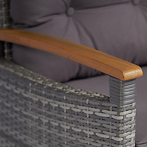 Outsunny 3 Pieces Wicker Outdoor Bistro Set, Rattan Patio Furniture Set with Acacia Wood Coffee Table and Porch Chairs for Backyard, Balcony, Garden, Gray