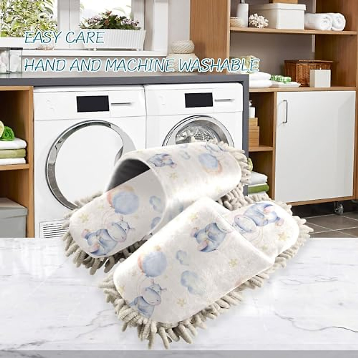FLildon Microfiber Cleaning Slippers Cloudy Hippo Washable Mop Shoes Slipper for Men/Women House Floor Dust Cleaner, Size L