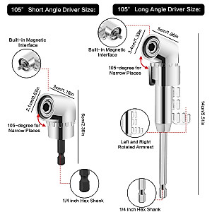 Alltope 90/105 Degree Right Angle Drill, 5 PCS Angle Extension Power Drill Attachment with 1/4'' Hex Impact Shank, Flexible Shaft Adapter, Magnetic Socket Angled Drill Bit Holder for Screwdrivers