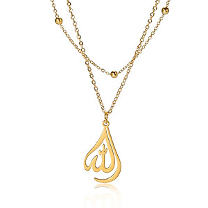 kkjoy Islamic Muslim Allah Layered Necklaces for Women Charm Stainless Steel Necklace Water Drop Heart Shape Allah Necklace Double Layer Necklace Lucky Islamic Jewelry