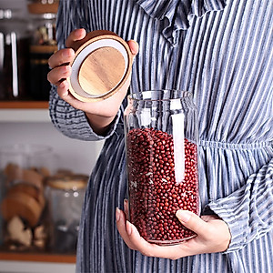 SAIOOL Home Borosilicate Glass Kitchen jars/Canisters with Acacia Wood Airtight Lid Set-2 Pack 30Oz/900ml,Minimalist Preprinted Farmhouse Style. White Matte Sticker Black Text.