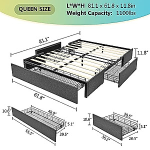 Queen Bed Frame with 3 Storage Drawers, Fabric Upholstered Platform Bed Frame Queen Size Queen No Fixed Headboard,Strong Matel Frame and Wooden Slats Support No Nosie No Box Spring Needed (Queen)