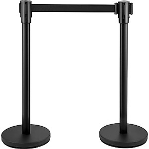 VEVOR Crowd Control Stanchion, Set of 8 Pieces Stanchion Set, Stanchion Set with 6.6 ft/2 m Black Retractable Belt, Black Crowd Control Barrier w/Concrete and Metal Base - Easy Connect Assembly