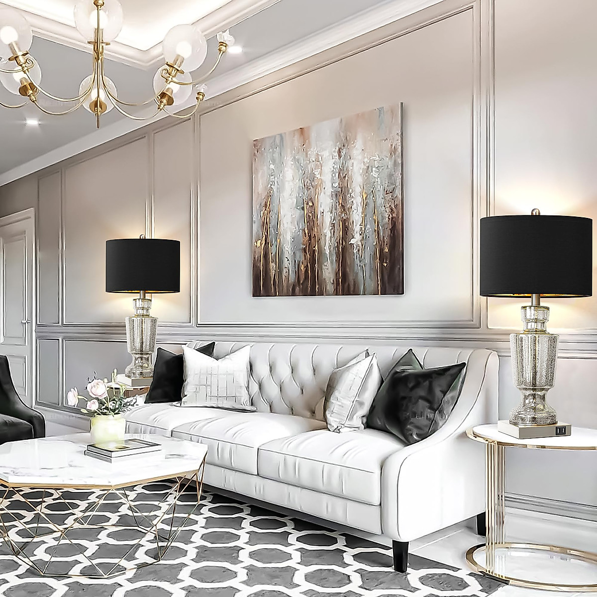 Set of 2 Mercury Crackle Glass Lamps for Bedroom with 2 USB Ports 3-Color Temperature Dimmable Contemporary Silver Living Room Lamps Modern Nightstand Lamps with Black Lampshades(Bulbs Included)