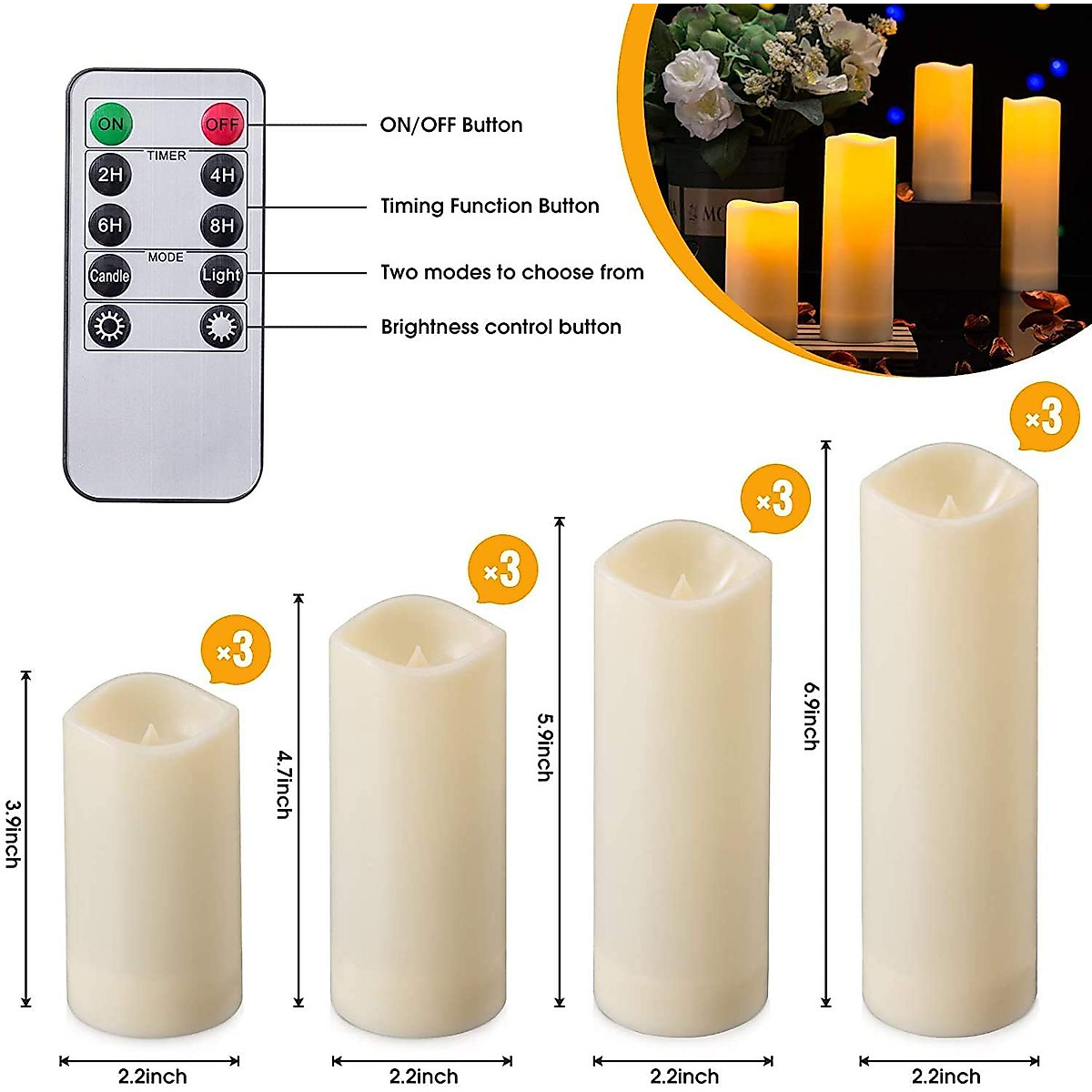 YIIA Flameless Candles Waterproof Outdoors & Indoors, Battery Candles with Remote Timer, Decorative Remote Led Candles (D 2.2''xH 4'' 5'' 6'' 7'') - 12 Pack