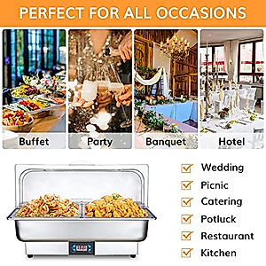 Electric Chafing Dish 9 QT Adjustable 0°C~100°C Roll Top Half Size Auto ShutOff Stainless Steel Buffet Servers and Warmers, Temp Display Programmable Food Warmer Transparent Lid Chafers for Catering