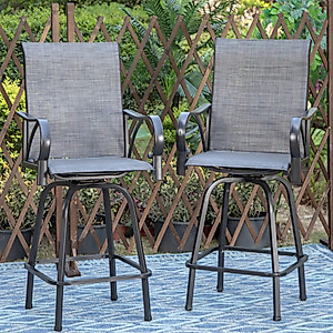 HERA'S HOUSE Patio Bar Stools Set of 2, Outdoor Swivel Bar Height Patio Chairs with Solid Back & Armrest, All Weather Textilen Fabric High Top Chair for Lawn Garden, Grey