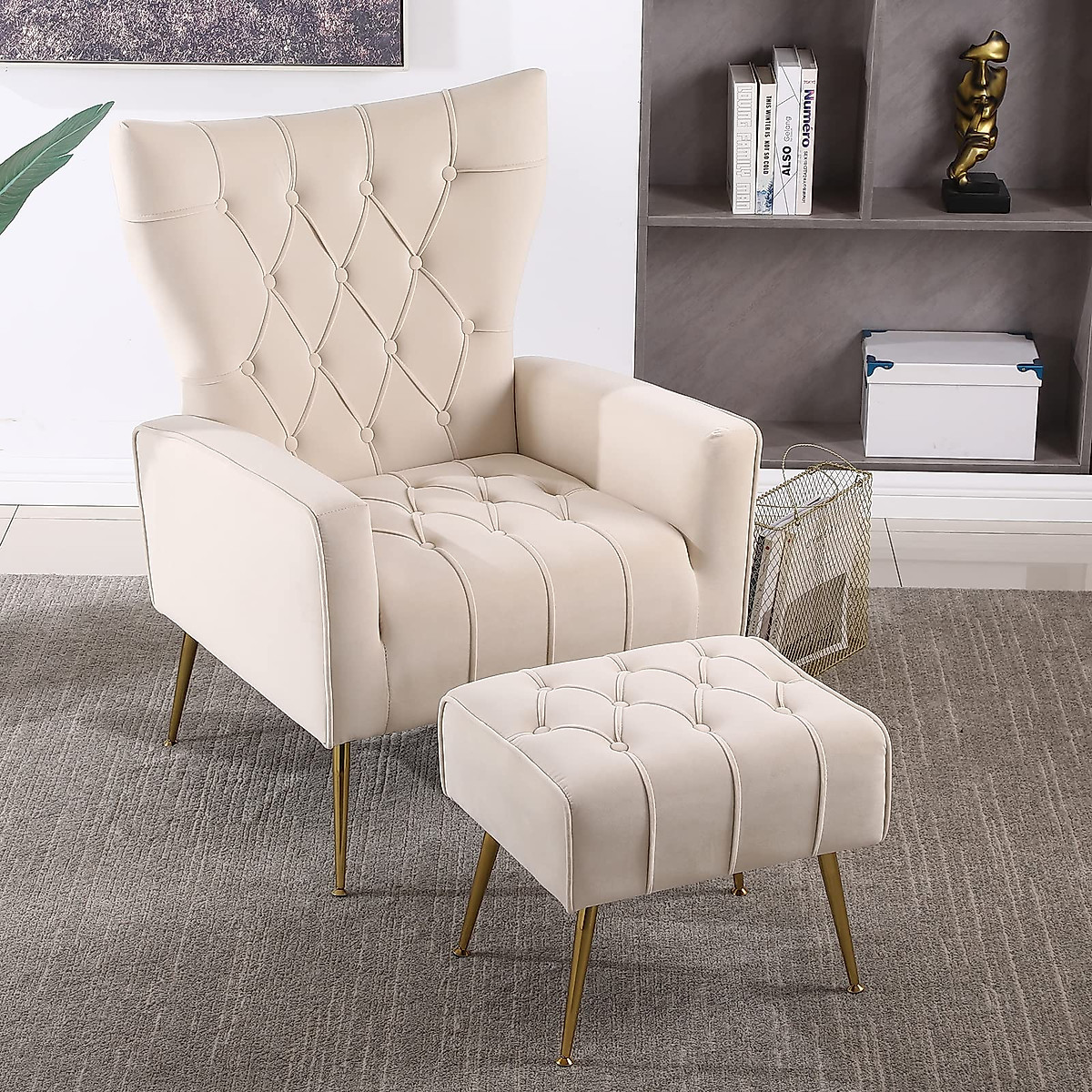 Modern Velvet Accent Chair with Ottoman, Elegant Wingback Armchair with Gold Metal Legs, Comfy Upholstered Single Leisure Sofa Reading Chair for Living Room Bedroom Club Apartment Home Office (Beige)