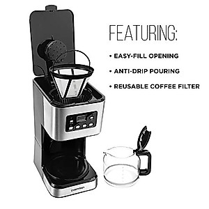Chefman 12-Cup Programmable Coffee Maker, Electric Brewer, Auto Shut Off, Digital Display w/Auto-Brew Function, Anti-Drip Pot, Reusable Filter for Fresh Grounds, Square Stainless Steel, Glass Carafe