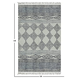 Casavani Hand Block Printed Rug Moroccan Beige & Black Tassel Rug Boho Area Rug Easy Care Washable Rugs for Doormat Entryway Living Room Bedroom Hallway Balcony 5x5 Feet Square