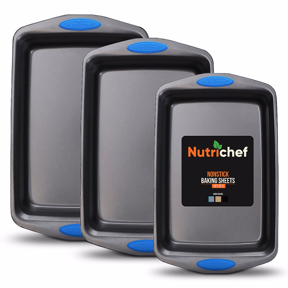 NutriChef 3-Piece Baking Pan Set - PFOA, PFOS, PTFE Free Flexible Nonstick Gray Coating Carbon Steel Bakeware - Professional Home Kitchen Bake Cookie Sheet Stackable Tray w/Blue Silicone Handles