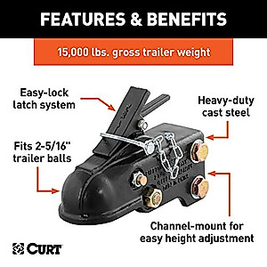 CURT 25328 Channel-Mount Adjustable Trailer Coupler, 2-5/16-Inch Hitch Ball, 15,000 lbs