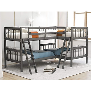 Harper & Bright Designs L-Shaped Twin Size Bunk Bed and Loft Bed, Solid Wood Twin Bunk Bed Loft Bed with Guardrail and Two Ladders for 4 Person (Grey)