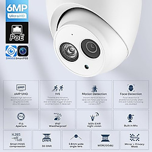 VALUCAM 6MP PoE IP Camera, 2.8mm Wide Angle, 164ft IR Night Vision, IVS Detection, Outdoor Turret Camera with Mic, Metal IP67 Weatherproof, H.265, WDR, 3D DNR, DMSS/SmartPss Lite