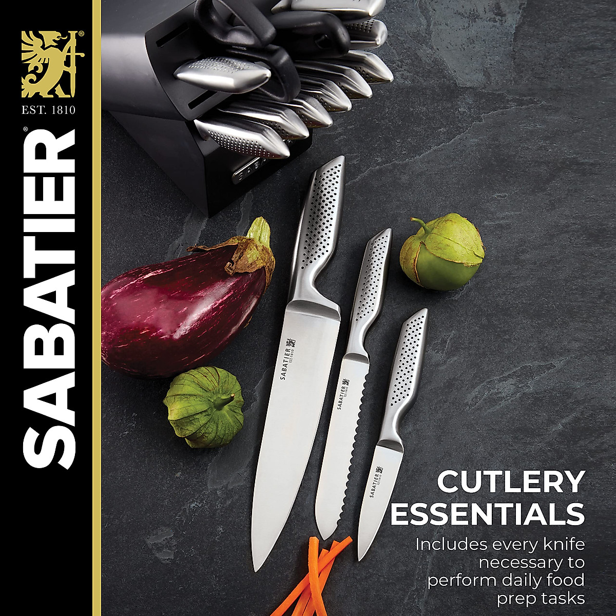 Sabatier Ergonomic Textured, High-Carbon Kitchen Knives, Razor-Sharp Knife Set with Rubberwood Block, Stainless Steel Handle, 15-Piece, Black
