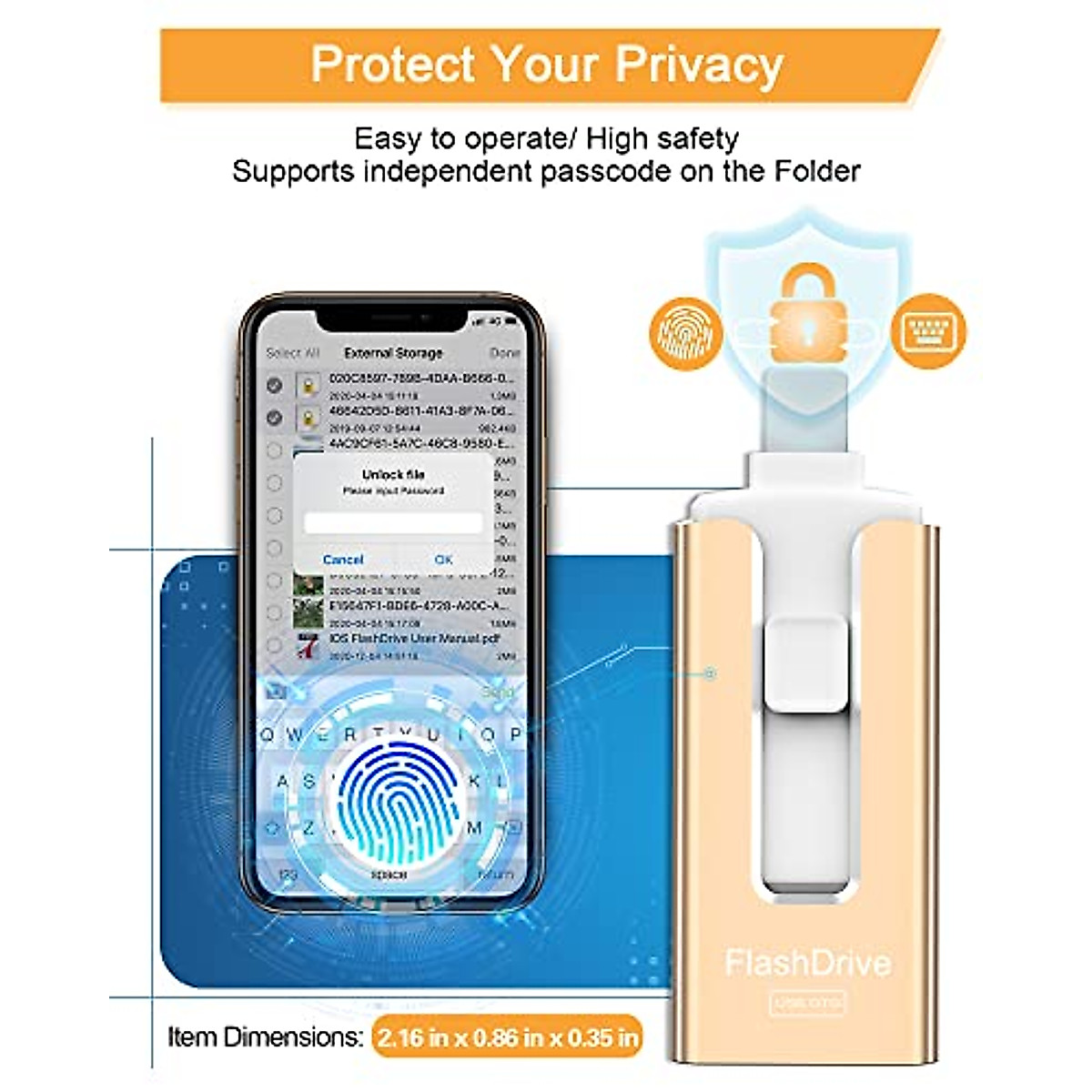 Sunany USB Flash Drive 256 GB for Phone and Pad, High Speed External Thumb Drives USB Memory Storage Photo Stick for Save More Photos and Videos (Gold)