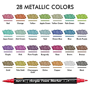28 Metallic Colors Dual Tip Acrylic Paint Markers, Brush Tip and Fine Tip Acrylic Paint Pens for Rock Painting, Ceramic, Wood, Canvas, Plastic, Glass, Stone, Calligraphy, Card Making, DIY Crafts